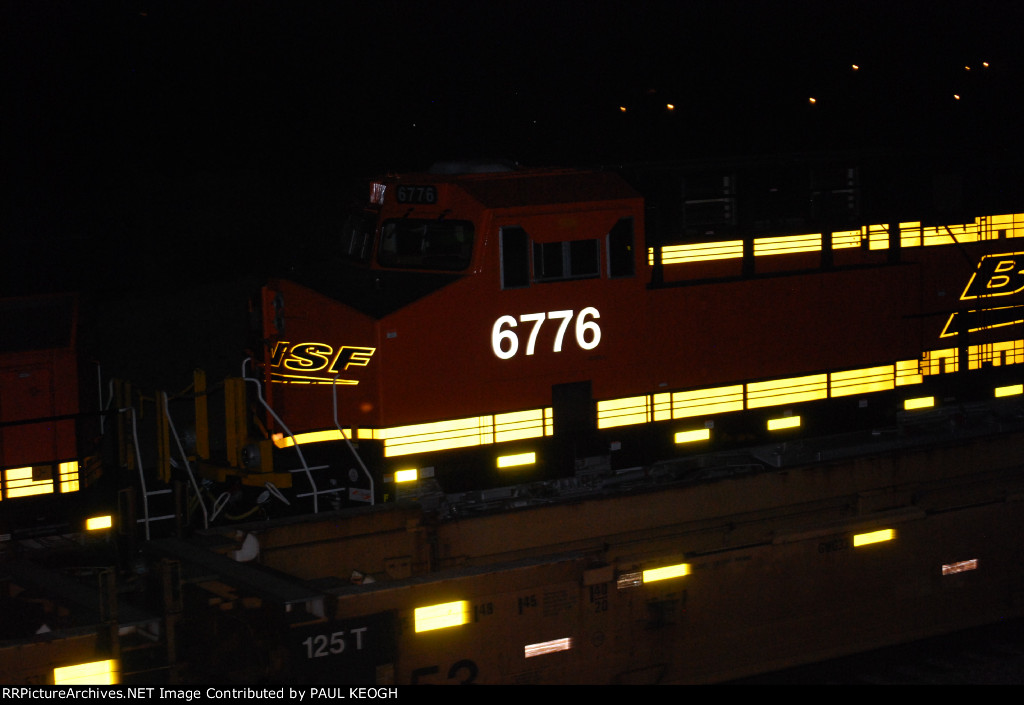 At 03:30 am/PDT BNSF 6776 lights up Her GE/BNSF Reflective and Very, Very Brand New Paint Job as ...